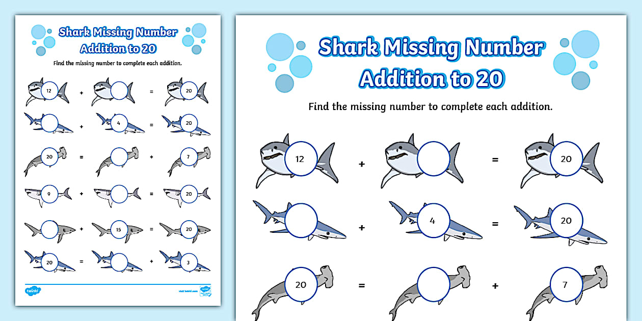 Shark Missing Number Addition to 20 - KS1 (teacher made)