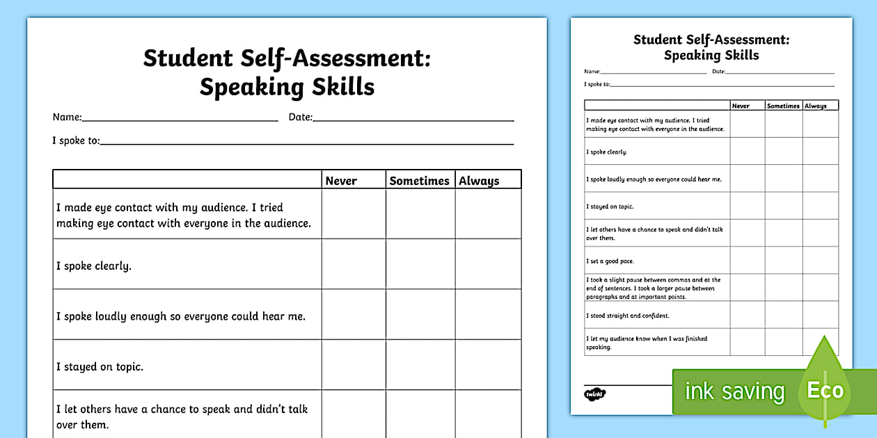Student Self-Assessment: Speaking Skills Worksheet / Worksheet