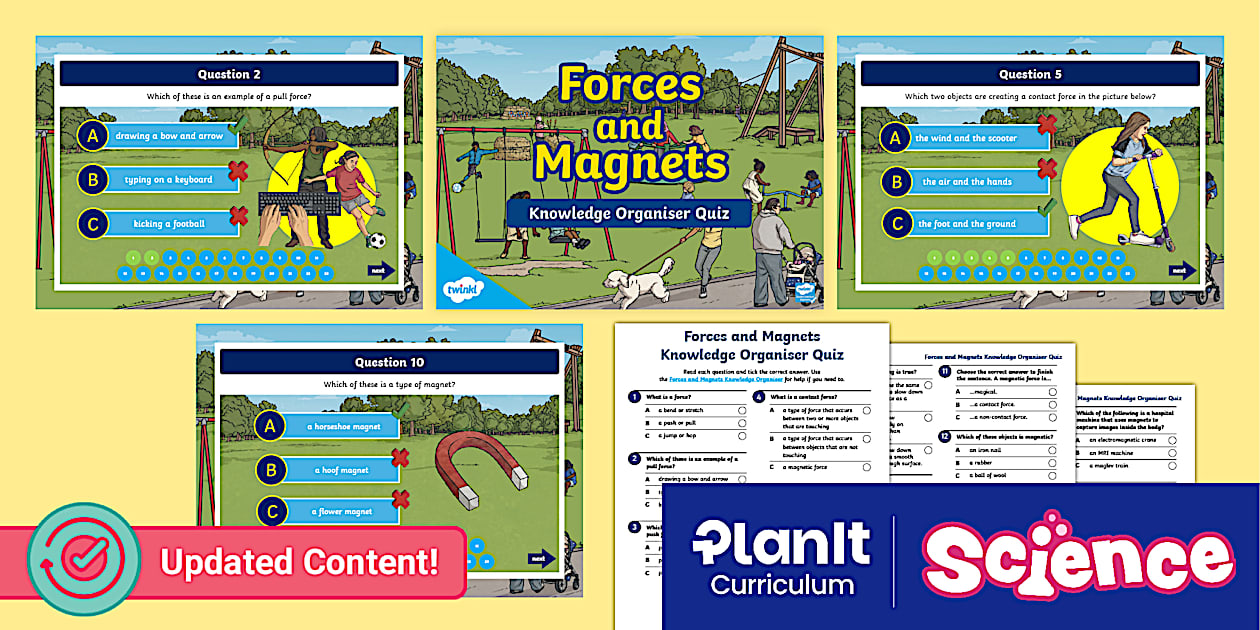 Y3 Forces and Magnets Knowledge Organiser Quiz Pack - Twinkl