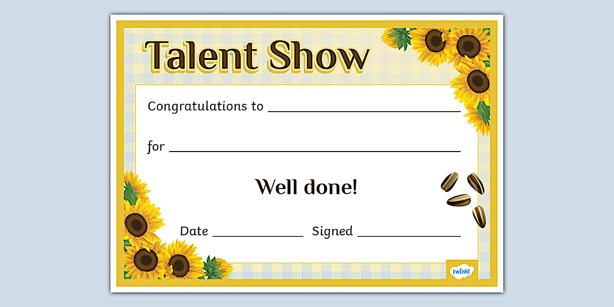 Sunflower-Themed Talent Show Certificate (Teacher-Made)