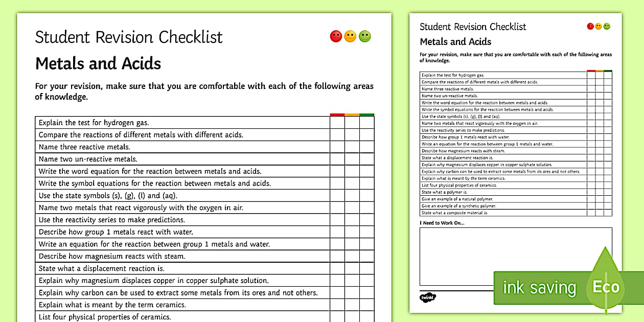 Metals and Acids Student Revision Checklist (Teacher-Made)
