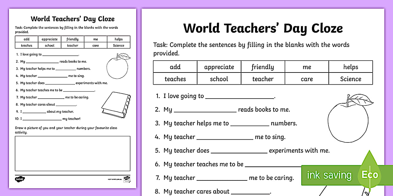 World Teachers' Day Cloze Worksheet (teacher made) - Twinkl
