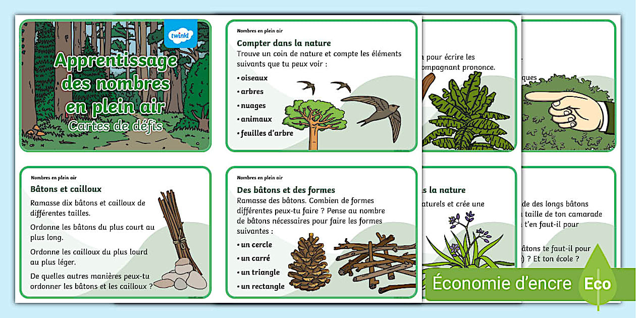 Cartes de défis pour apprentissage des nombres en plein air