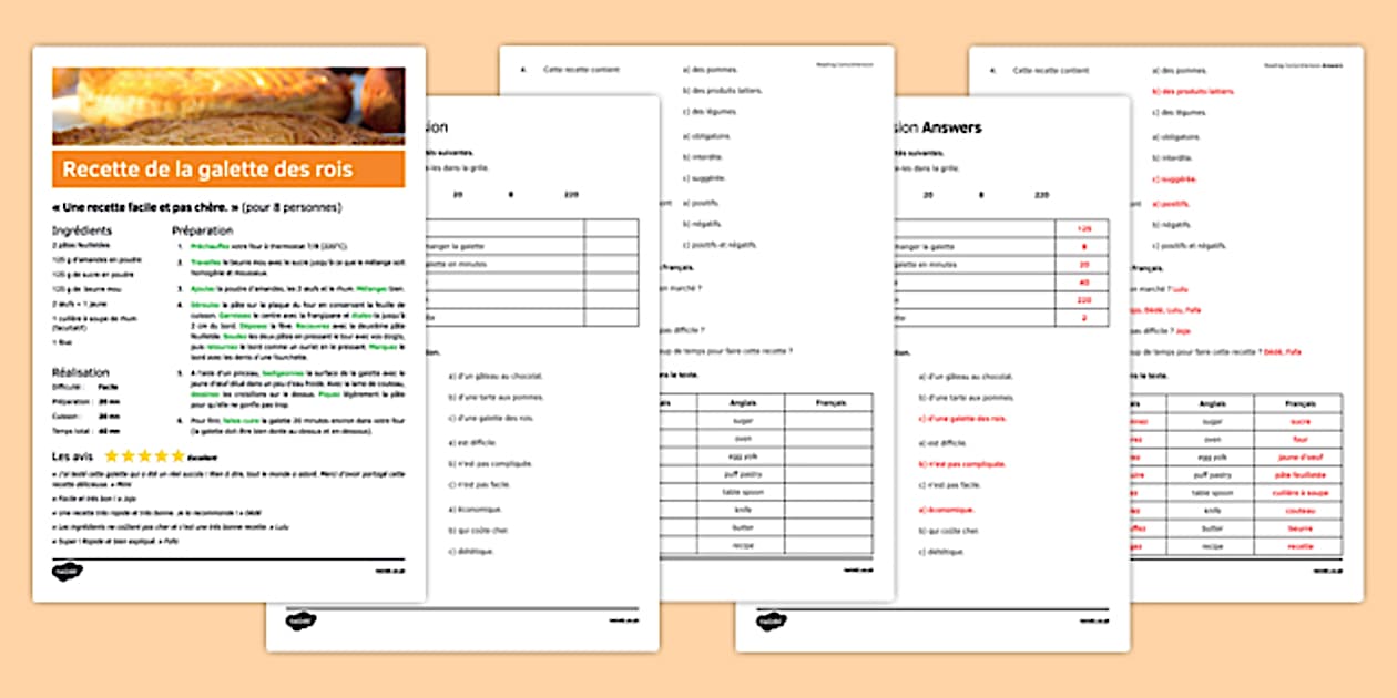 Recette de la galette des rois fiche de lecture - Twinkl
