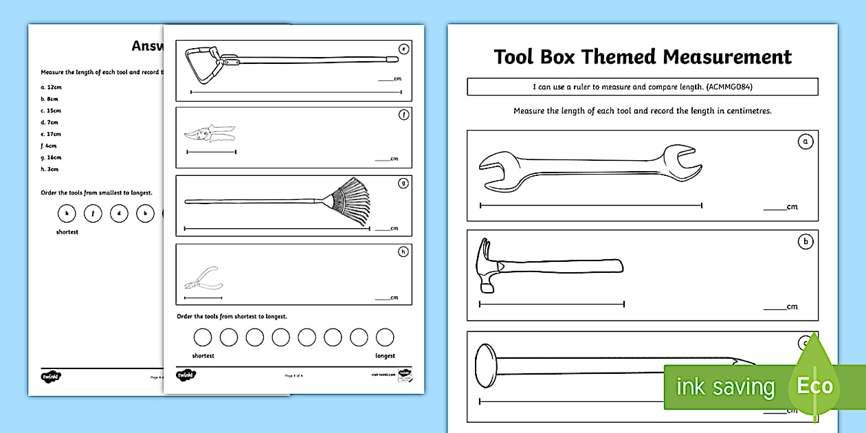 Tool Box Themed Length Measurement Worksheets (teacher made)
