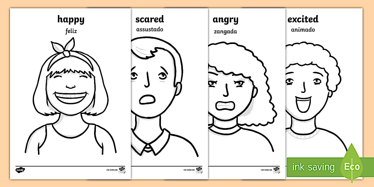 Our Emotions Colouring Sheets English/Portuguese - Twinkl