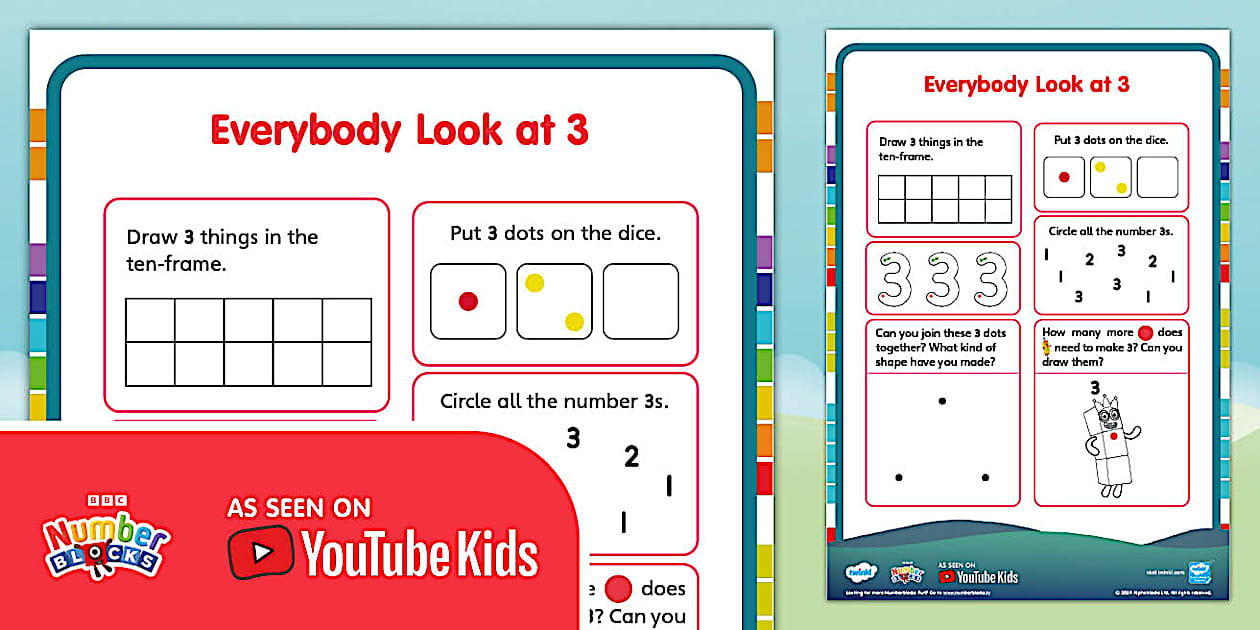 Numberblocks: Everybody Look at Three Worksheet - Twinkl