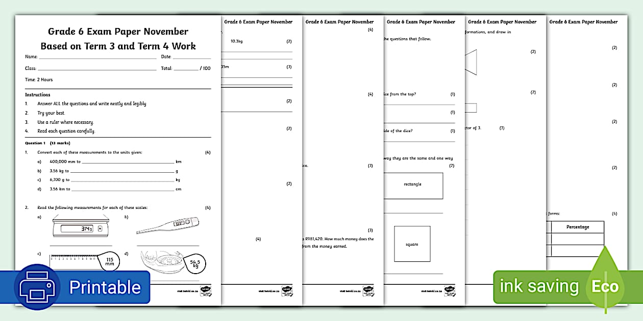 Grade 6 Maths Exam Paper November (teacher made) - Twinkl