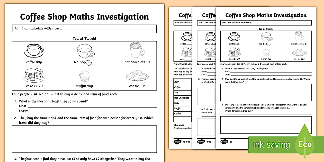 Middle Ability Tea Shop Maths Investigation Differentiated Worksheets