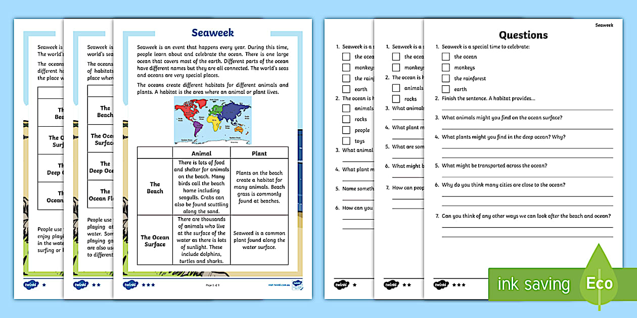 F-2 Seaweek Differentiated Reading Comprehension Activity