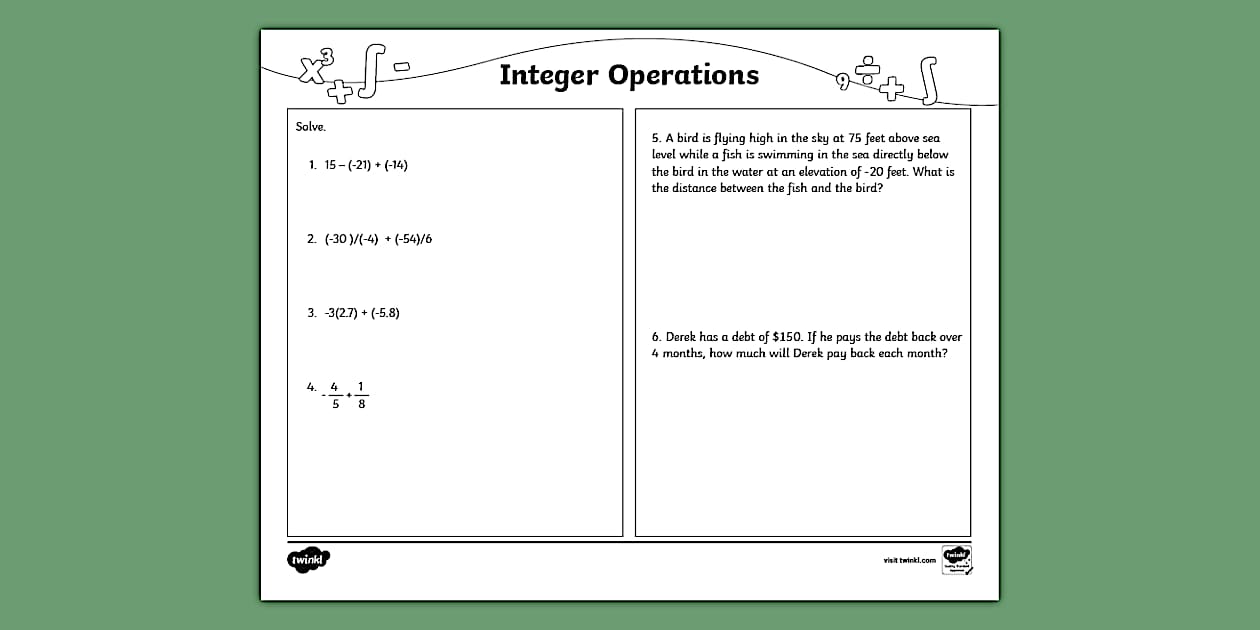 Seventh Grade Integer Operations Activity Sheet - Twinkl