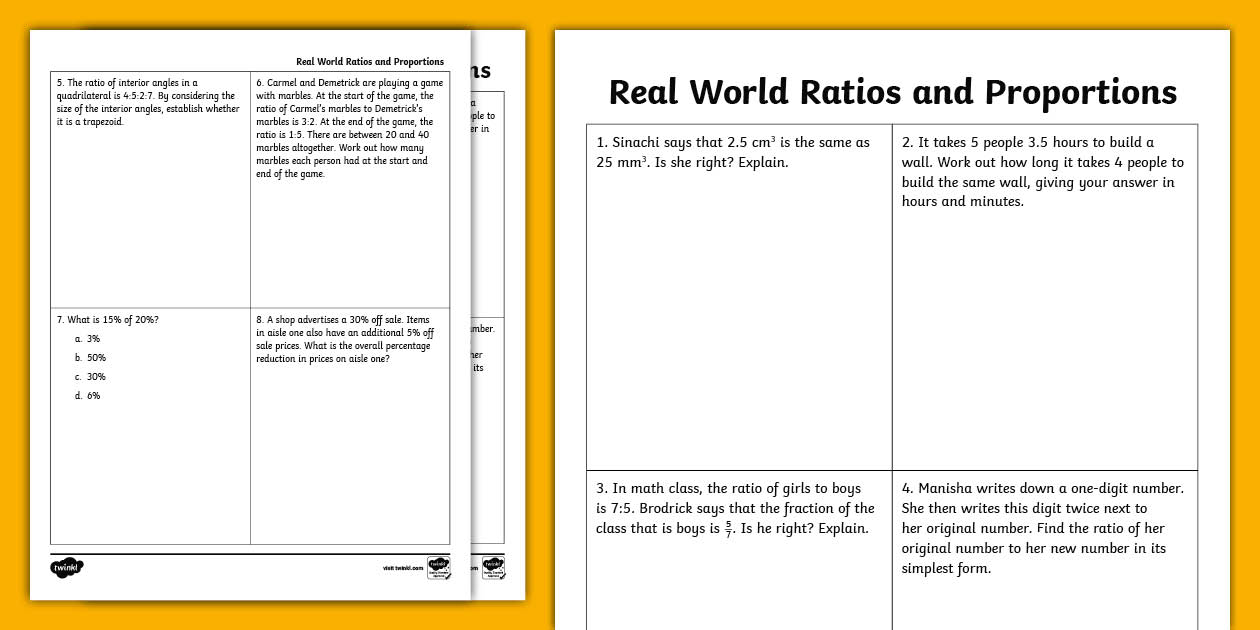 Seventh Grade Real World Ratio and Proportions Worksheet