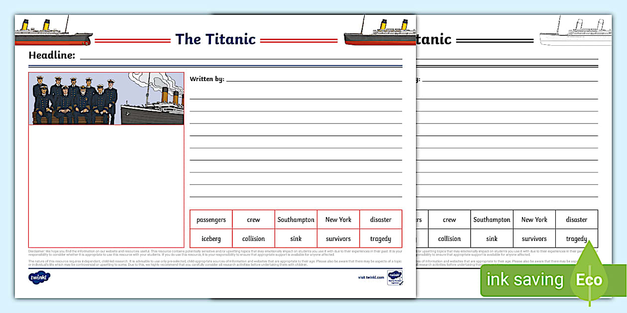 Titanic Recount Newspaper Template (teacher made) - Twinkl