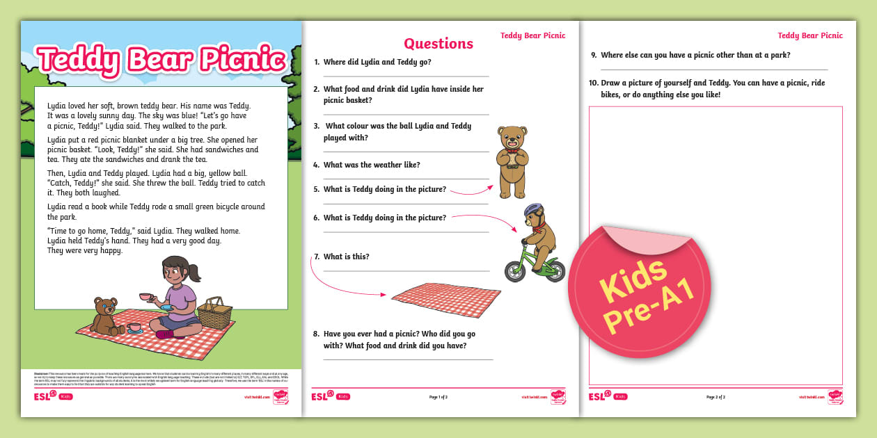 ESL Teddy Bear Picnic Reading Comprehension [Kids, Pre-A1]