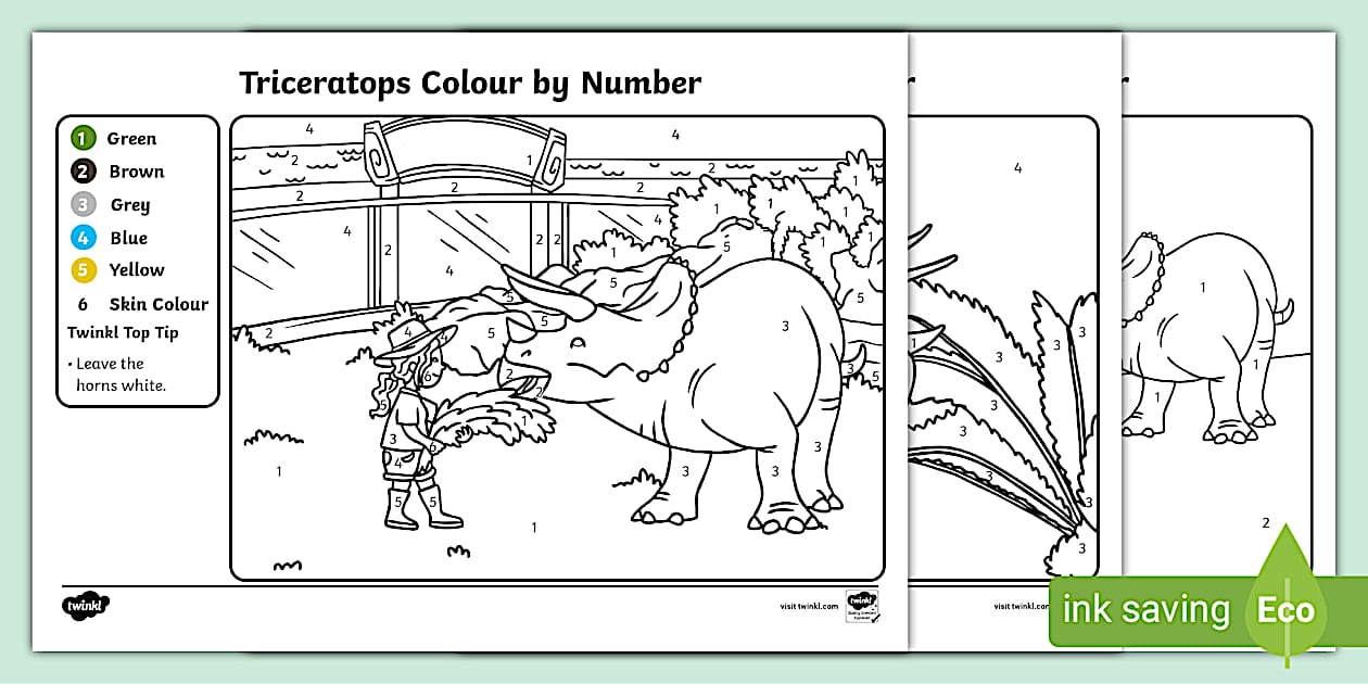 Triceratops Colour by Number Pages (teacher made) - Twinkl