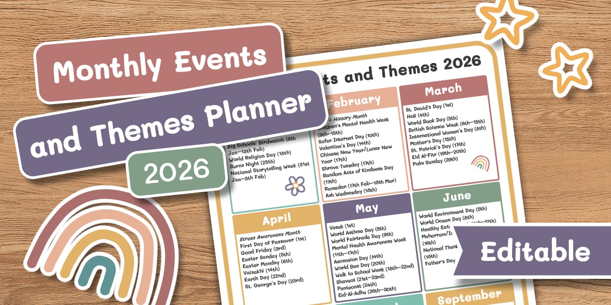 Muted Rainbow Educational Monthly Events Planner 2026