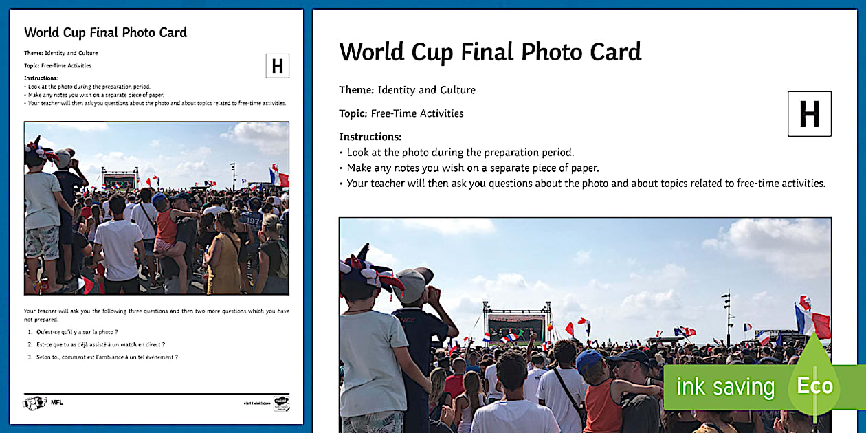 World Cup Final Higher Tier Photo Card Worksheet French