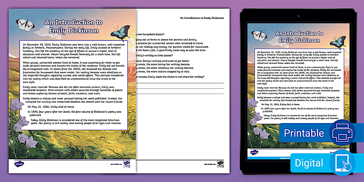 Eighth Grade An Introduction to Emily Dickinson Reading Comprehension