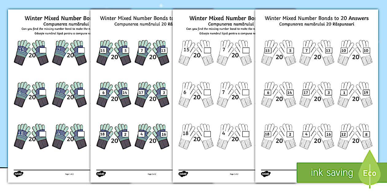 Black and White Winter Themed Mixed Number Bonds to 20 Worksheet