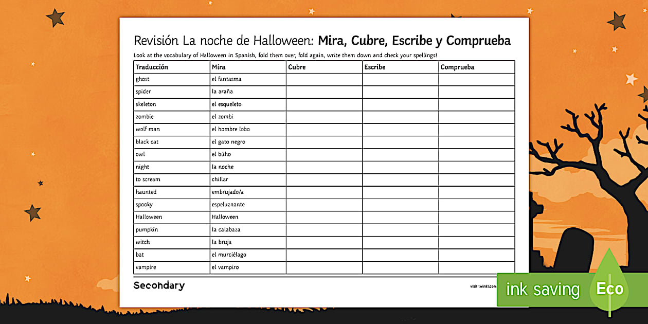 Halloween: Look Cover Write and Check Worksheet / Worksheet Spanish