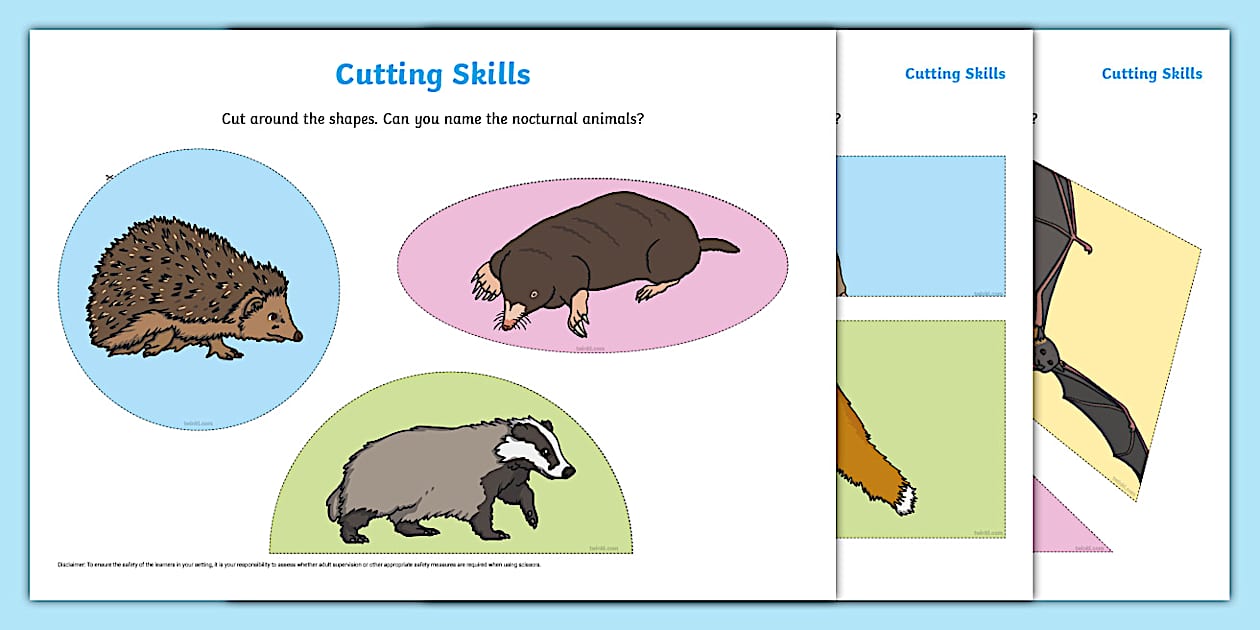 Nocturnal Animals Cutting Skills Worksheet (teacher made)