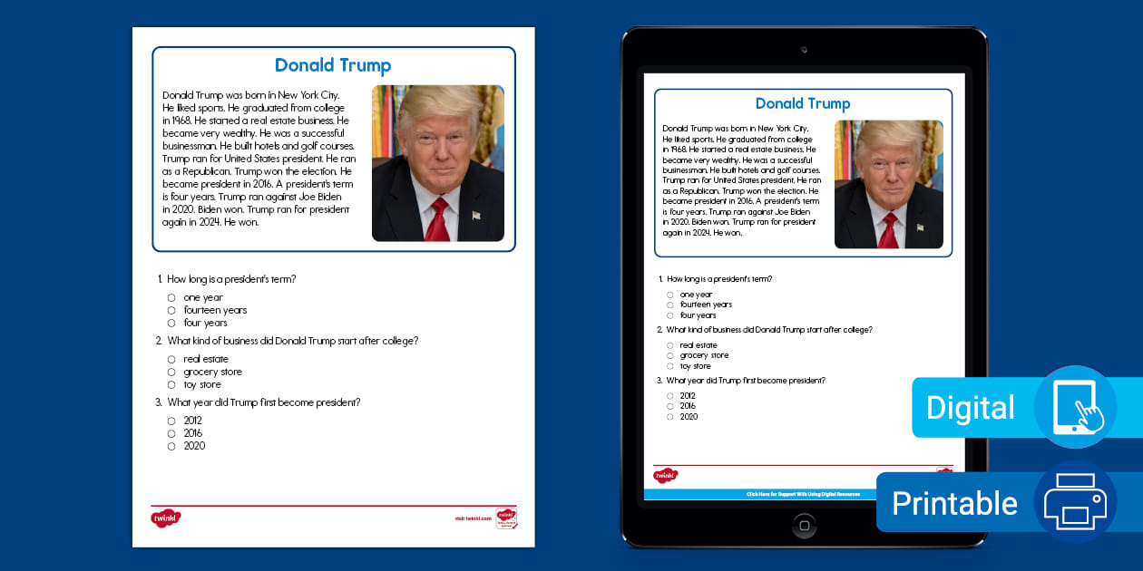 First Grade Donald Trump Reading Passage Comprehension Worksheet