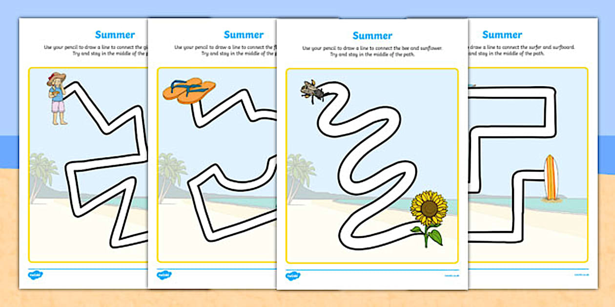 Summer Pencil Control Path Worksheets (teacher made)