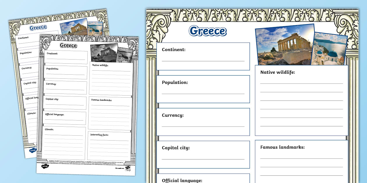 Greece Fact File Writing Template Worksheet - Twinkl