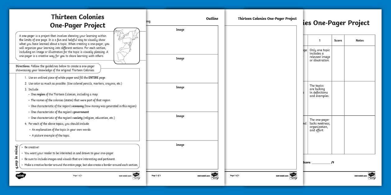 Thirteen Colonies One-Pager Project for 6th-8th Grade