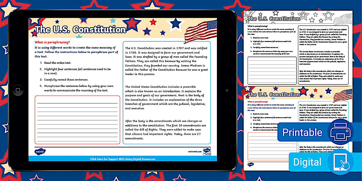 3rd Grade U.S. Constitution Paraphrasing Worksheet | Twinkl