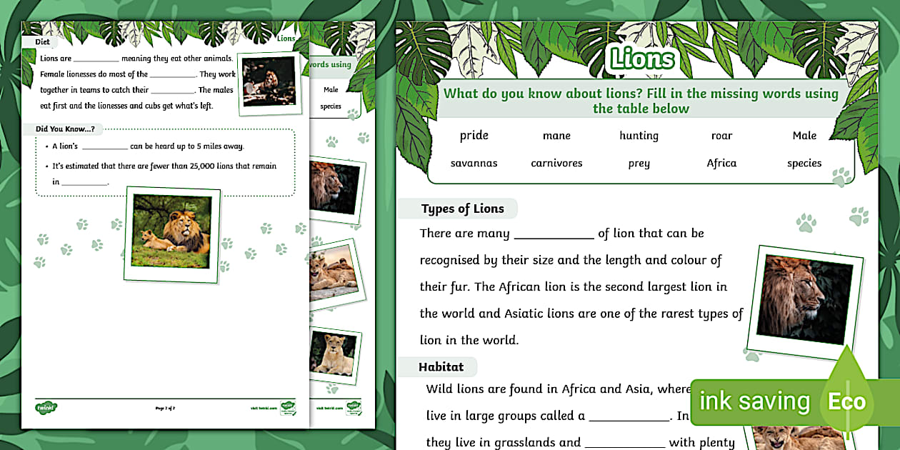 Lions Cloze Worksheet (teacher made) - Twinkl