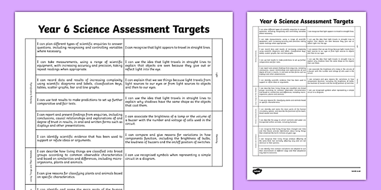 2014 National Curriculum Year 6 Science Assessment Targets Colouring Sheet