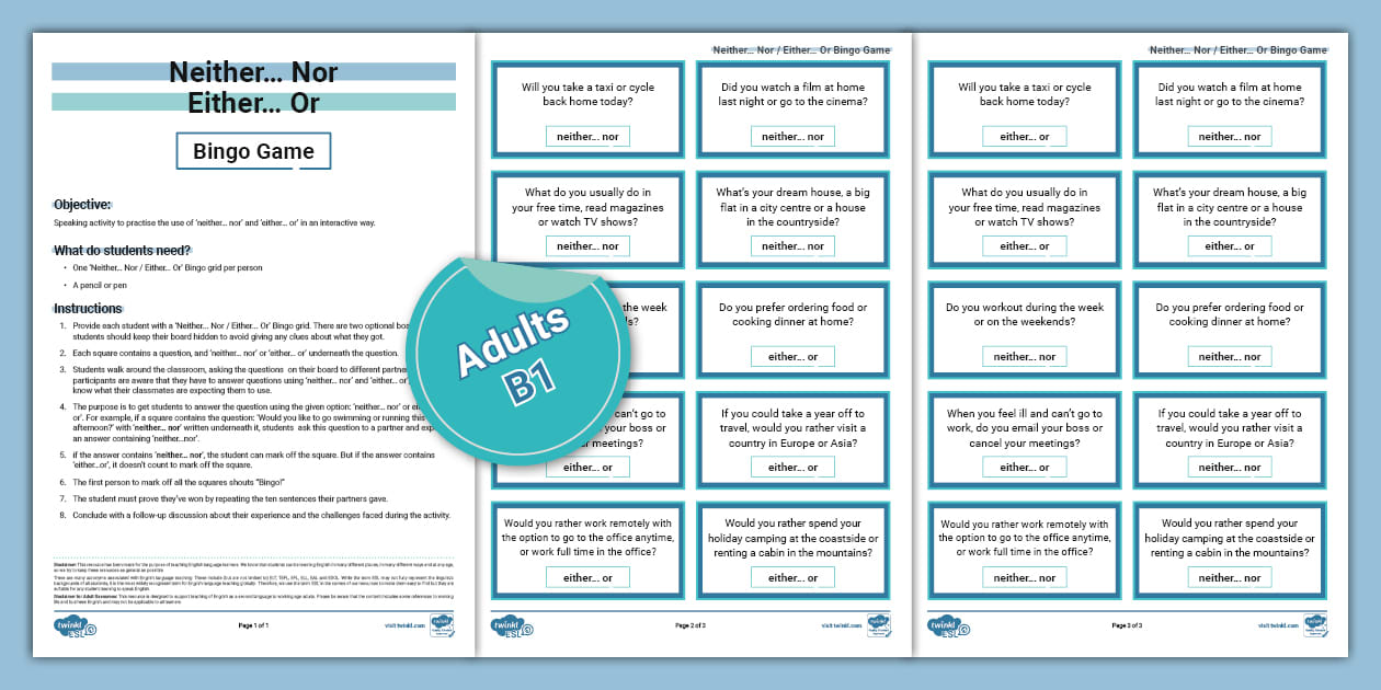 ESL Neither...Nor / Either...Or Bingo Game [Adults, B1]