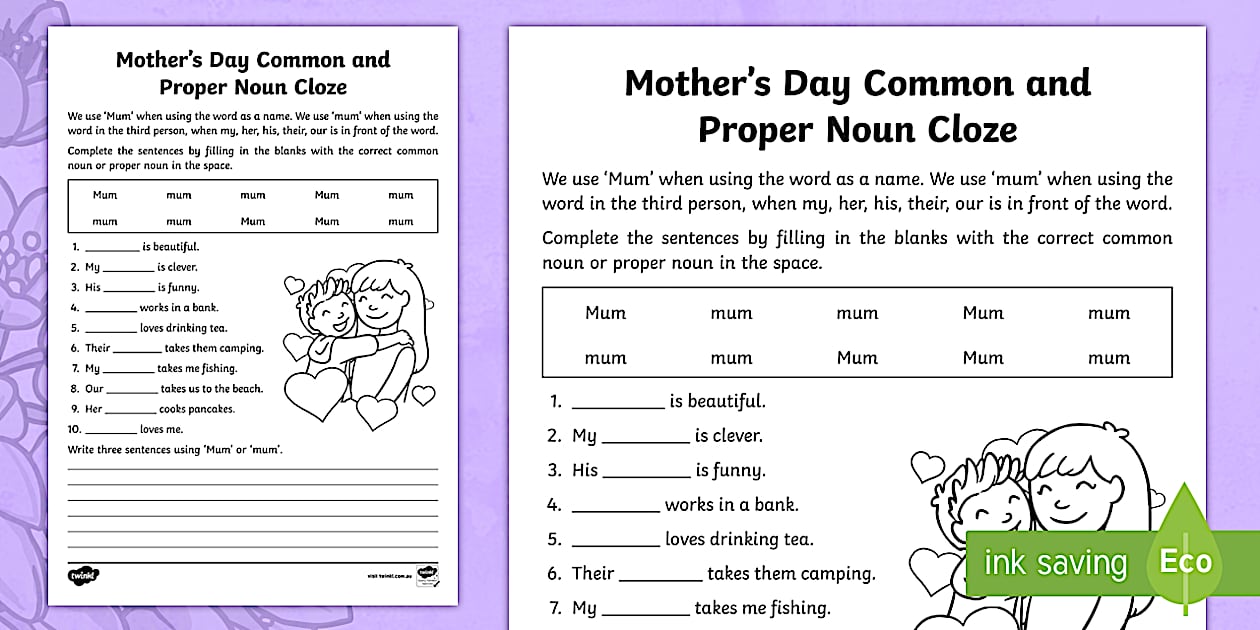 SA Mother's Day Common Noun and Proper Noun Cloze Worksheet