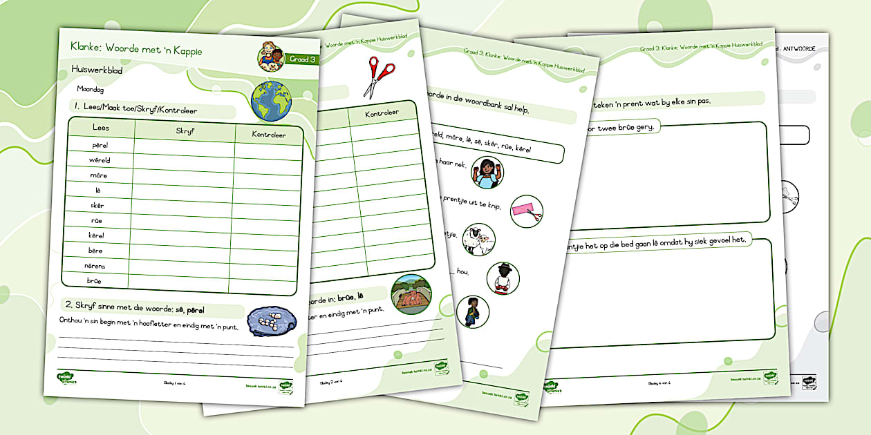 Graad 3 Klanke Huiswerkblad Woorde met 'n Kappie - Twinkl