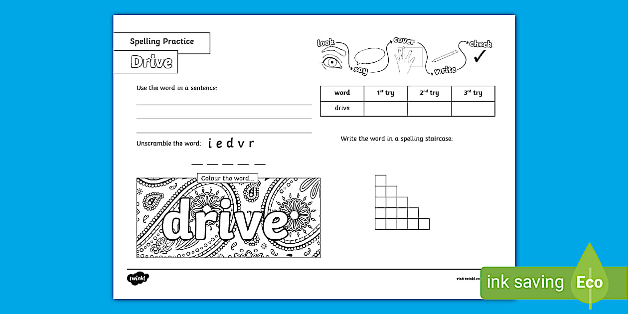 Drive Spelling Practice Worksheet (Teacher-Made) - Twinkl
