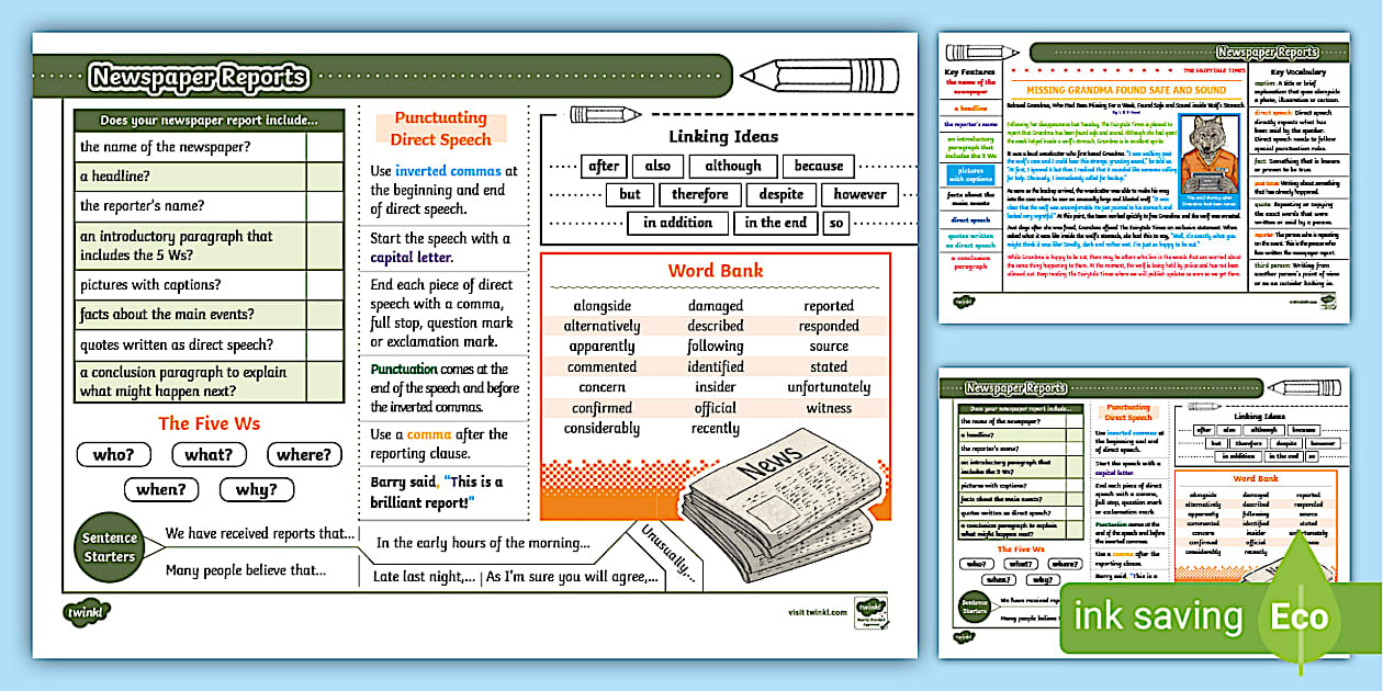 UKS2 Writing: Newspaper Reports Knowledge Organiser - Twinkl