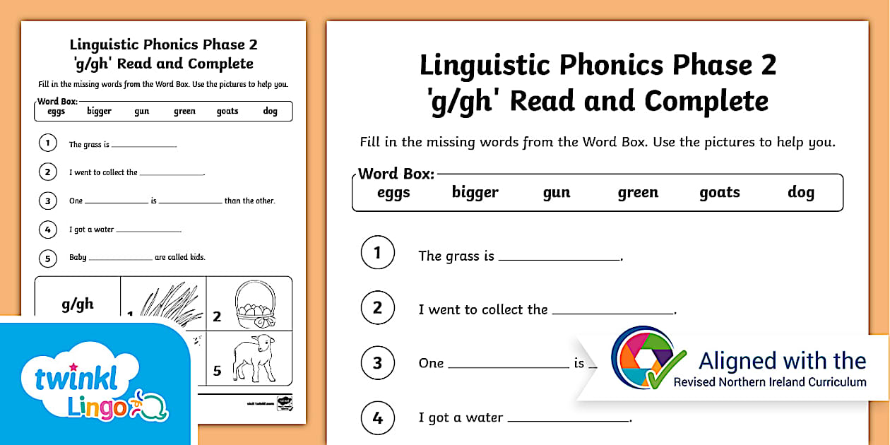 Linguistic Phonics Phase 2 'g/gh' Read and Complete