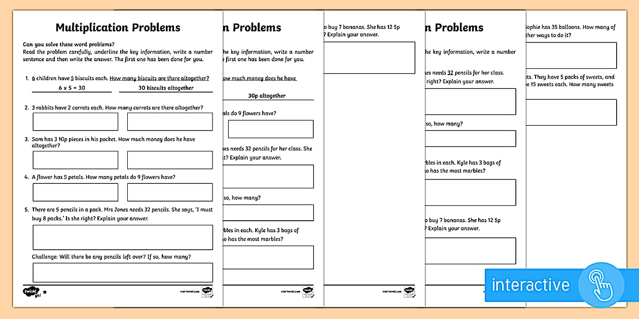 Year 2 Maths Multiplication Word Problems Activity Sheet
