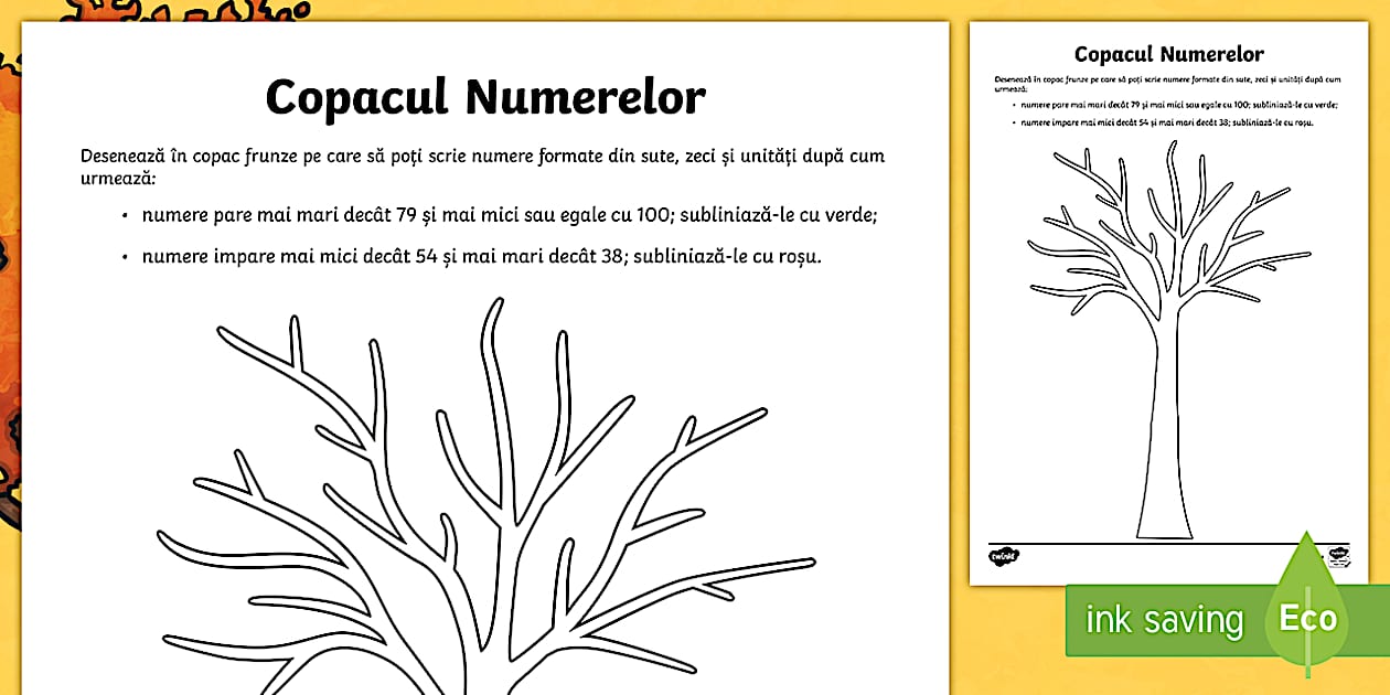 Copacul cu numere de la 0 la 100 - Fișă de lucru