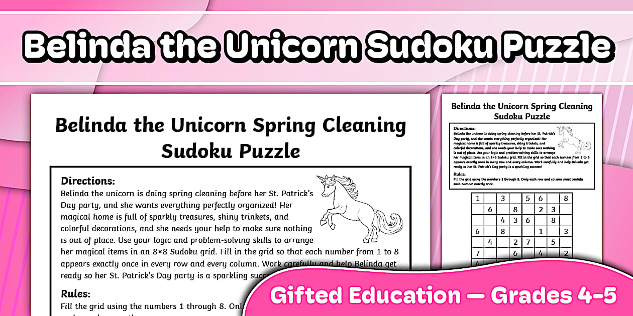 Belinda the Unicorn Spring Cleaning Sudoku Puzzle for Gifted