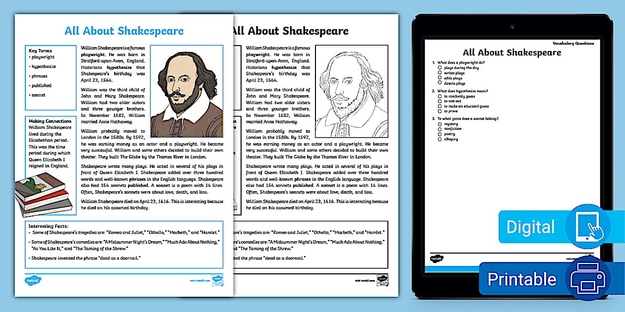 All About Shakespeare Fact File and Vocabulary Questions