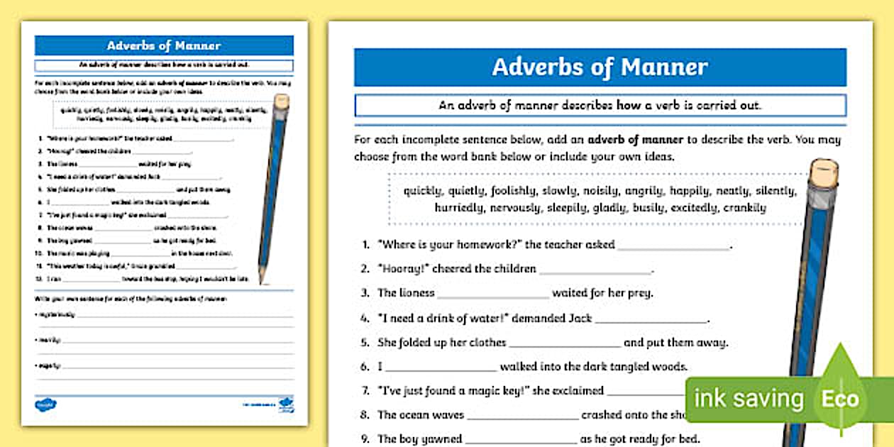 Adverb of Manner Worksheet | Exercises with Answers - Twinkl