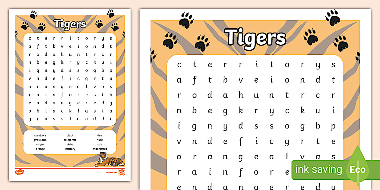 Tigers Word Search - KS1 - Animals - Carnivores - Twinkl