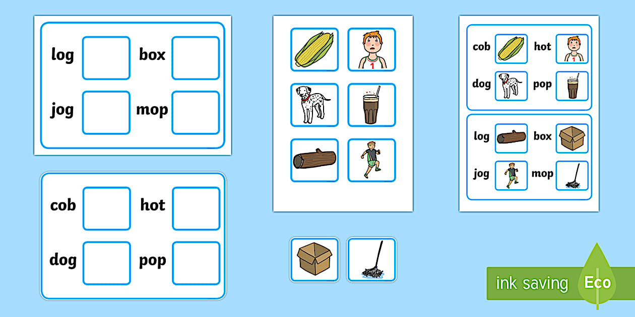 Editable Workstation Pack: Picture to CVC (o) Four Word Matching Activity