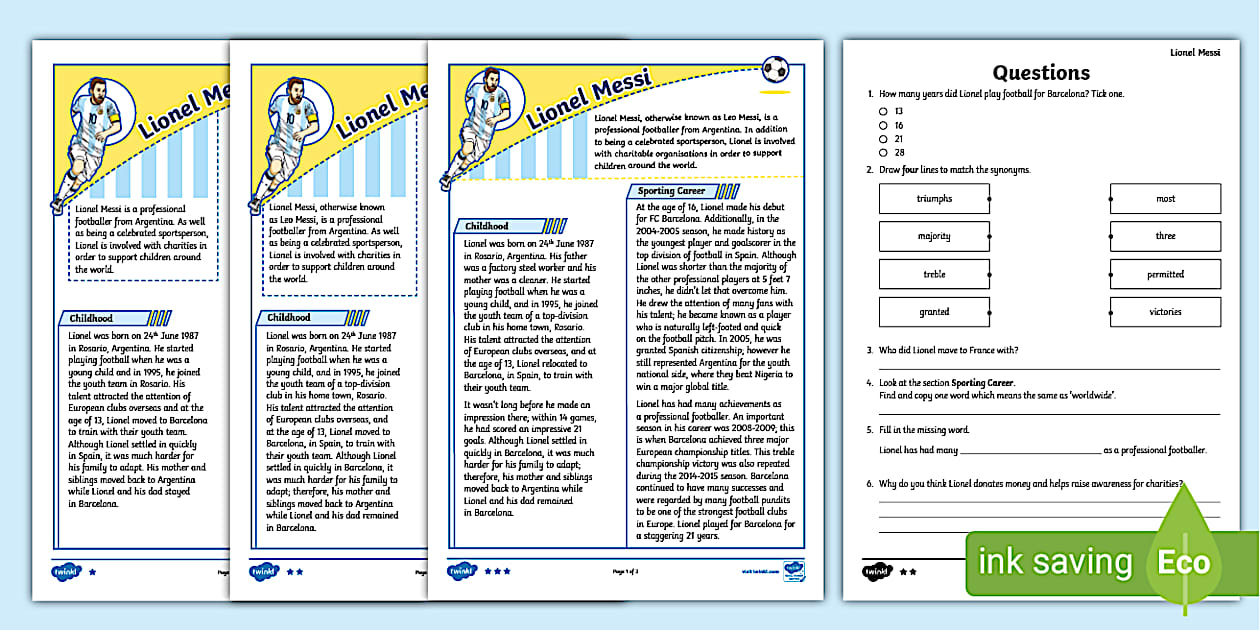 UKS2 Lionel Messi Differentiated Reading Comprehension