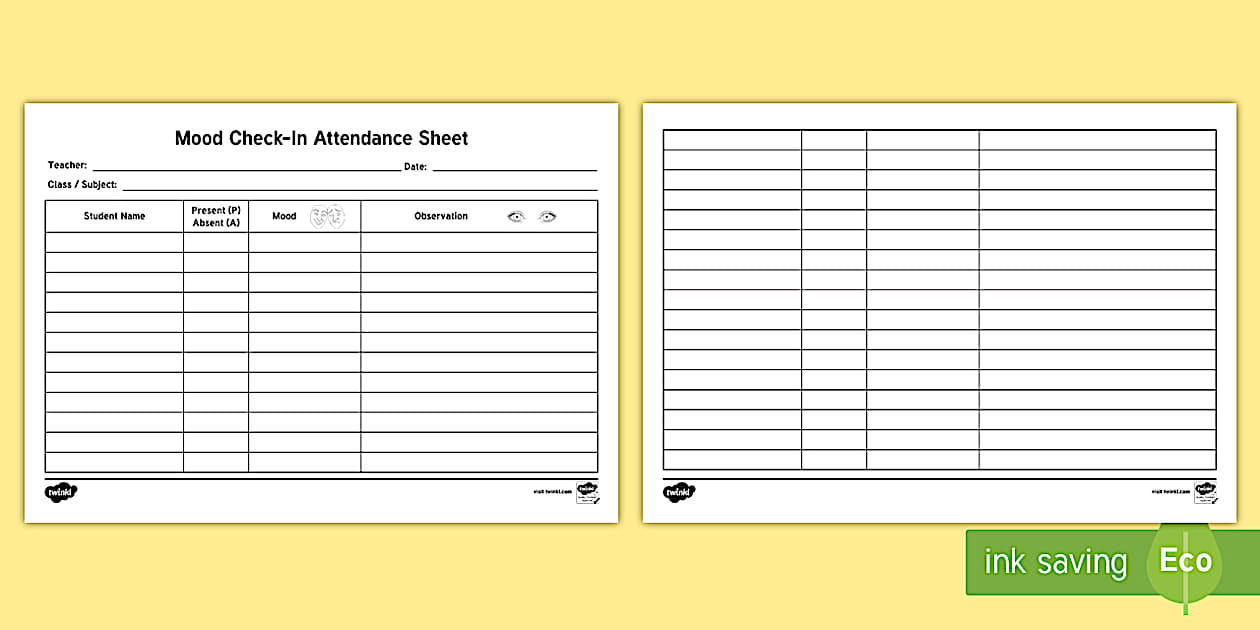 Morning Mood Check-In Attendance Sheet - Twinkl