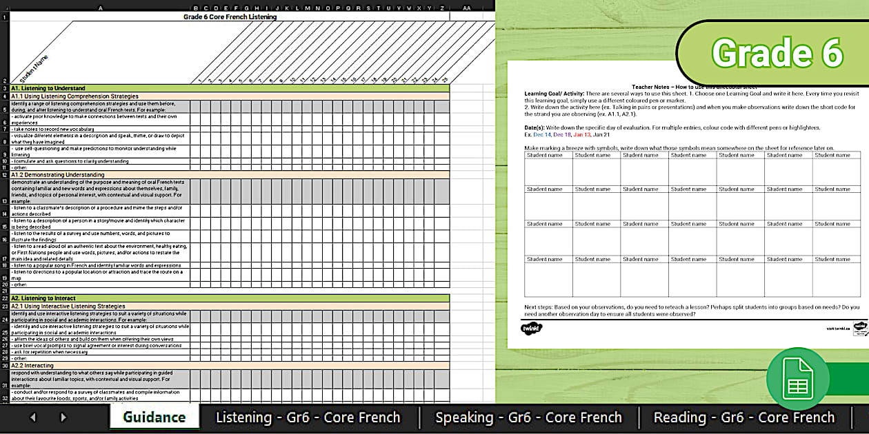 Core French Editable Recording Sheets Ontario Grade 6