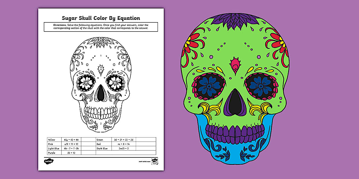 Sixth Grade Sugar Skull Color by Equation Math Worksheet