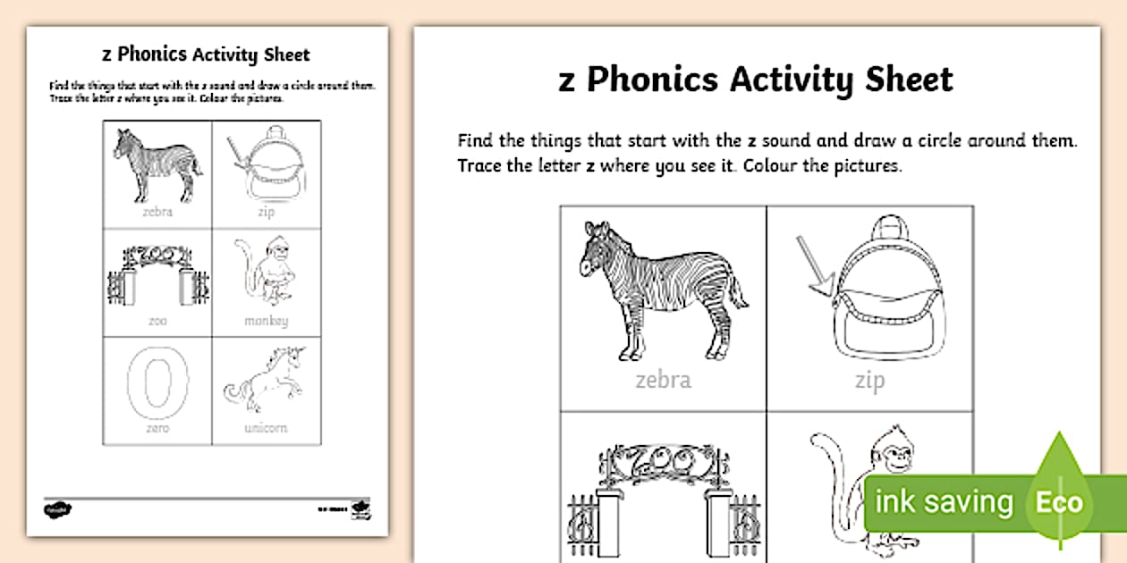 z Phonics worksheet- easy to download and print out.